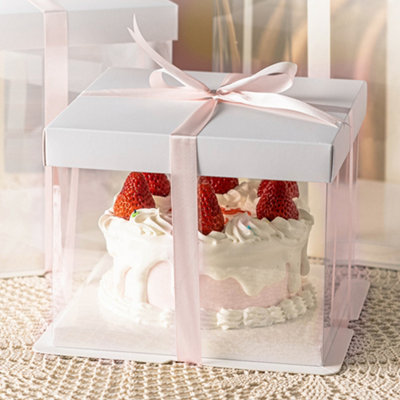 Livingandhome 12 Inch White Clear Plastic Cake Gift Box with Ribbon ...