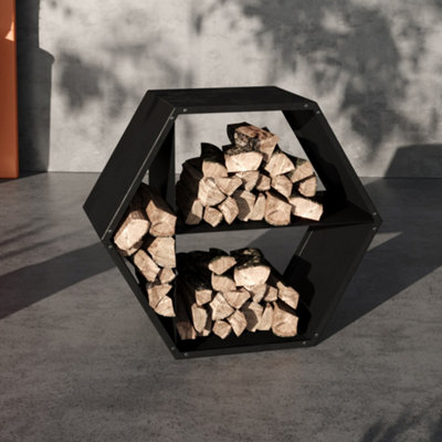 Livingandhome 3 Compartments Black Corten Steel Hexagonal Wood Storage ...