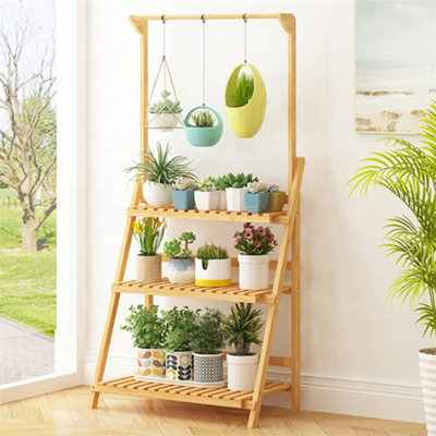 Livingandhome 3 Tier Brown Foldable Wooden Ladder Plant Display Shelf ...