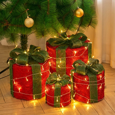 Livingandhome 4 Pcs Red Glitter LED Lighted Christmas Square Gift Box ...
