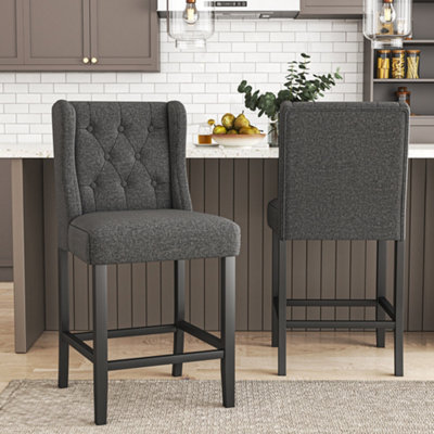 Livingandhome Bar Stools Set of 2 Grey Linen Botton Tufted Bar Stools ...