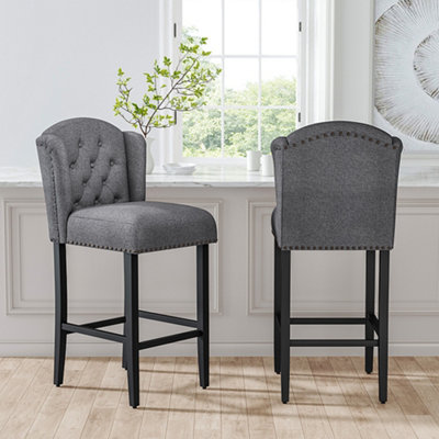 Livingandhome Bar Stools Set of 2 Light Grey Linen Upholstered Wooden ...