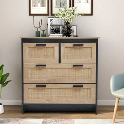 Livingandhome Black Rattan Effect 4 Drawer Chest Sideboard Clothes ...