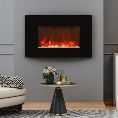 Livingandhome Black Wall Mounted Curved Electric Fireplace with Pebbles ...
