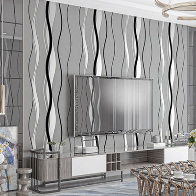 Livingandhome Dark Grey Wave Stripe Non Woven Geometric Patterned ...