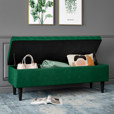 Livingandhome Green Modern Velvet Ottoman Bench with Padded Wood Legs ...