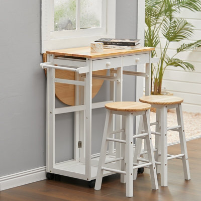 Livingandhome Modern Folding Wooden Drop Leaf Kitchen Island with Rolling Table and Stools