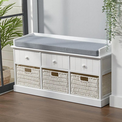 Livingandhome Modern Rattan Shoe Storage Bench with Drawers and Baskets ...