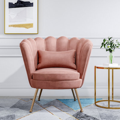 Livingandhome Pink Velvet Scalloped Accent Chair with Pillow