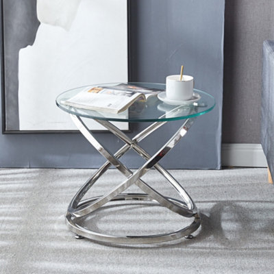 Livingandhome Silver Round Tempered Glass Top Coffee Table Side Table ...