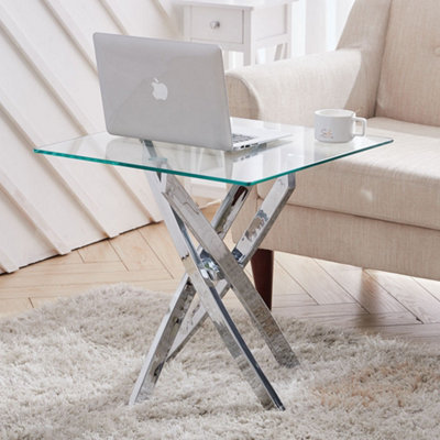 Livingandhome Square Tempered Glass Top Bedside Table with Chrome Legs ...
