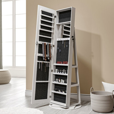 Livingandhome White Rotary Jewellery Armoire with Mirror Floor Standing ...