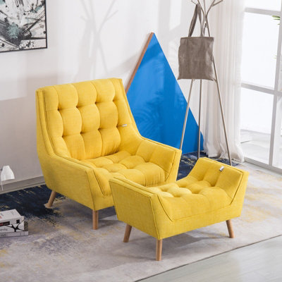 Livingandhome Yellow Chenille Tufted Single Armchair with Footstool