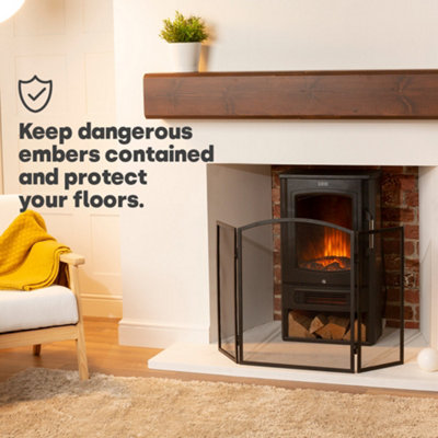 LIVIVO 3 Panel Decorative Fireplace Screen Black Steel Mesh Folding ...