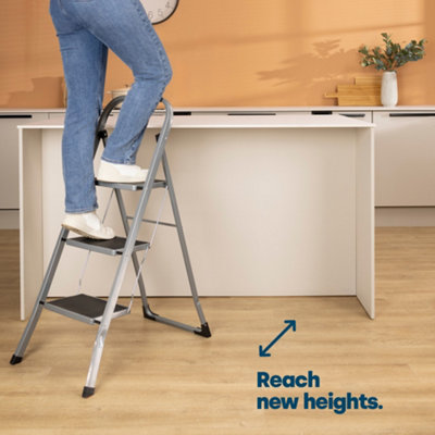 LIVIVO 3 Step Folding Ladder Steel Frame Step Ladder with Handrail ...