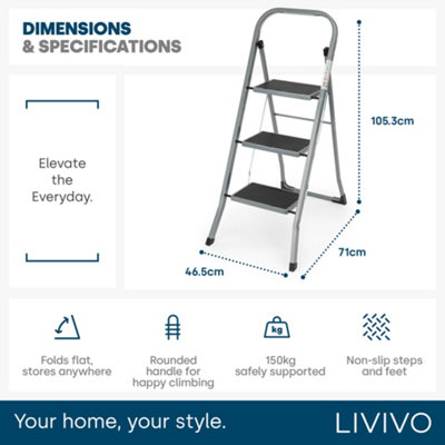 LIVIVO 3 Step Folding Ladder Steel Frame Step Ladder with Handrail ...