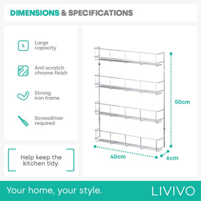LIVIVO 4 Tier Cupboard Door Spice Rack Chrome