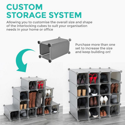 LIVIVO Multi-Purpose 16-Section Interlocking Cube Shoe Rack Organiser ...