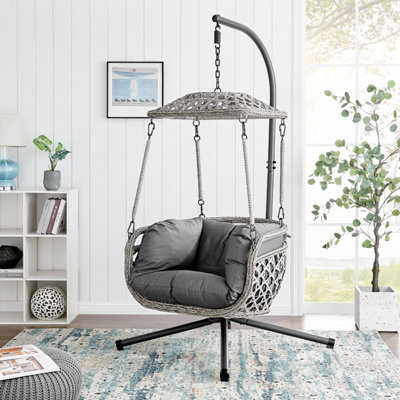 LIVIVO Rattan Swing Hammock Chair with Stand Cushion and Retractable Canopy Indoor Outdoor Garden Patio