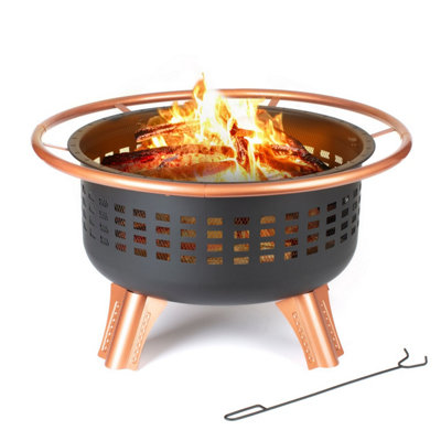 LIVIVO Saturn Fire Pit with Copper Ring and BBQ Grill - Black