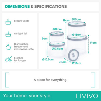 LIVIVO Set of 5 Cylinder Storage Containers with Grey Lids - BPA Free ...