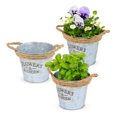 LIVIVO Zinc Plant Pot with Cotton Rope Handles - 'Flowers & Garden ...