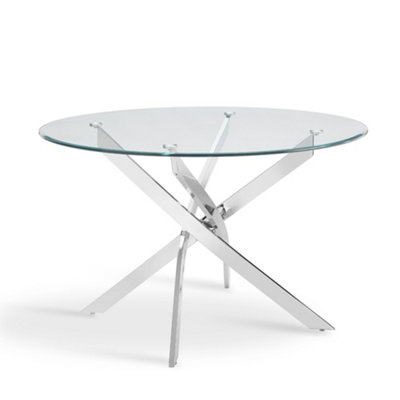 Livorno Round Glass Dining Table with Silver Legs & White Sierra Chairs ...