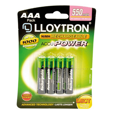 LLOYTRON NiMH Rechargeable AccuPower Batteries AAA Size 550mAh 4 Pack