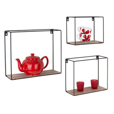 Loft rectangular set of 3 display wall shelf set - black metal and wood ...