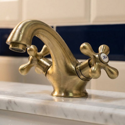 Loge Elegant Standing Solid Antique Brass Bathroom Tap with Ancient ...