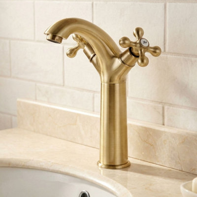Loge Elegant Tall Standing Antique Brass Bathroom Tap with Ancient ...