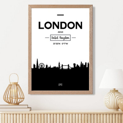 London Black and White City Skyline Framed Print SIZE: A3 with Oak Frame