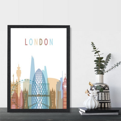 London Colourful City Skyline Art Print with Black Frame SIZE: A4
