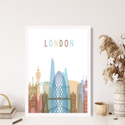 London Colourful City Skyline Art Print with White Frame SIZE: A4