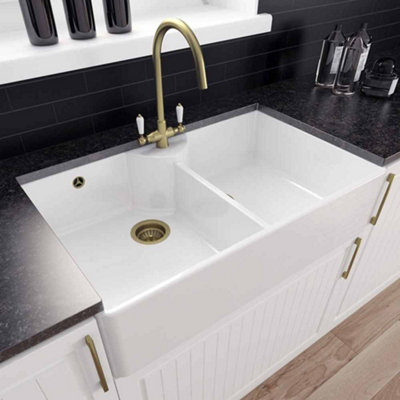London Sink Company Butler 895 2-Bowl White Ceramic Kitchen Sink with Waste