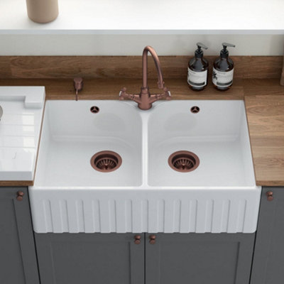 London Sink Company LSC Fluted Butler 795 - 2-Bowl White Ceramic Sit-On ...