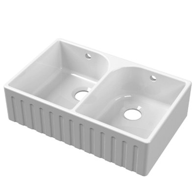 London Sink Company LSC Fluted Butler 795 - 2-Bowl White Ceramic Sit-On ...