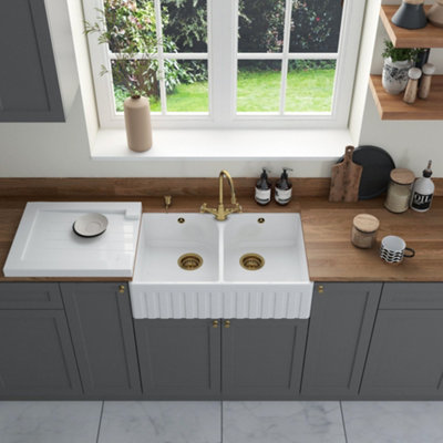 London Sink Company LSC Fluted Butler 795 2-Bowl White Gloss Ceramic ...