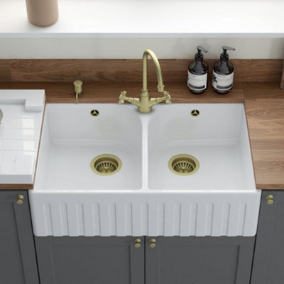 London Sink Company LSC Fluted Butler 795mm 2-Bowl White Gloss Ceramic ...