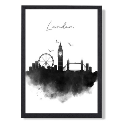 LONDON WATERCOLOUR SKYLINE CITY ART PRINT WITH BLACK FRAME SIZE: A4
