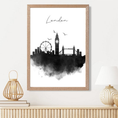 London Watercolour Skyline City Framed Print SIZE: A3 with Oak Frame