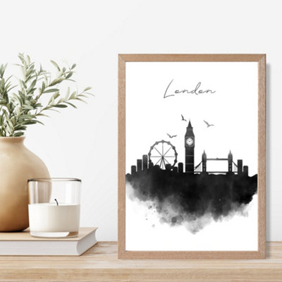 London Watercolour Skyline City Framed Print SIZE: A4 with Oak Frame