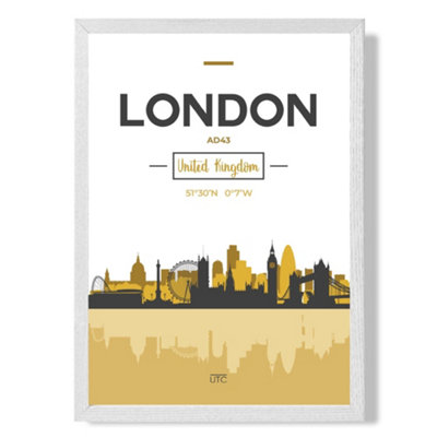 London Yellow and Black City Skyline Art Print with White Frame SIZE: A4