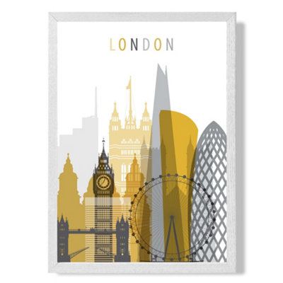 London Yellow and Grey City Skyline Art Print with White Frame SIZE: A4