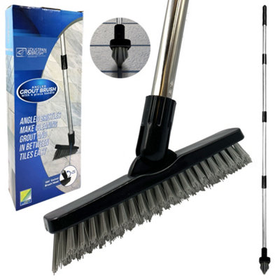 Long Handled Angled Grout Brush with Stiff Bristles for Cleaning Tiles and Flooring