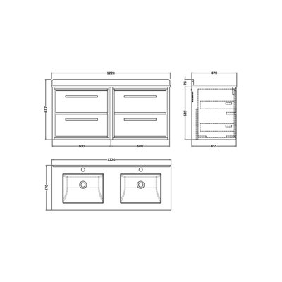 Longnor 4 Drawer Wall Hung Vanity Unit with Square Basin and Marble ...
