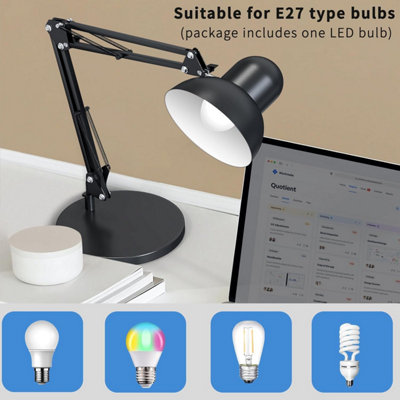 LONGTOO Table Lamp with E27 Screw Bulb, Flexible Clamp on Desk Light ...