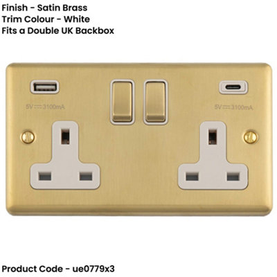 Loops 3-Pack 2-Gang Double UK Socket with Dual 3.1A USB-C & USB-A Satin ...