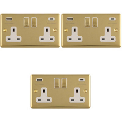 Loops 3-Pack 2-Gang Double UK Switched Socket with Dual 3.1A USB-C ...