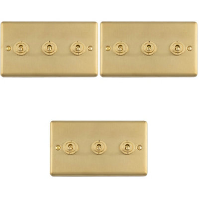 Loops 3 Pack 3-Gang Retro Toggle Light Switches Satin Brass 10A 2-Way ...